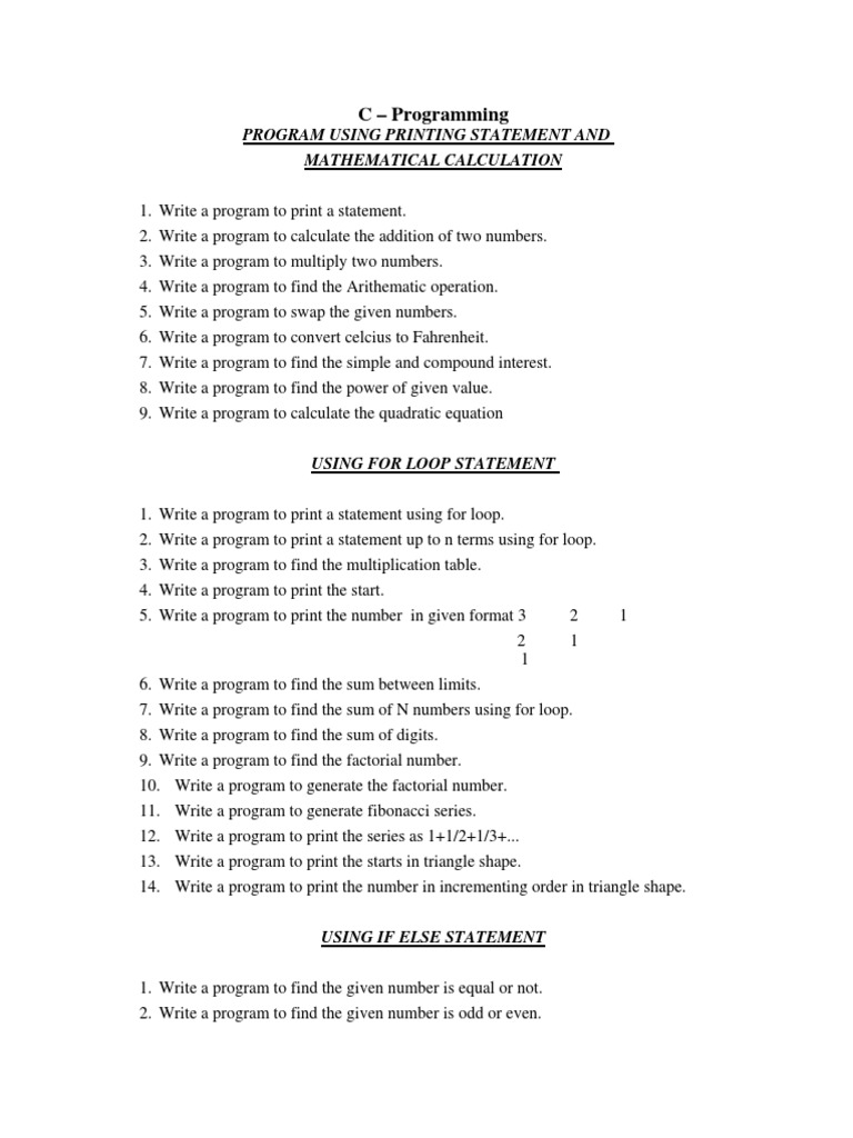 C - Programming: Program Using Printing Statement and Mathematical Calculation | PDF | Matrix ...