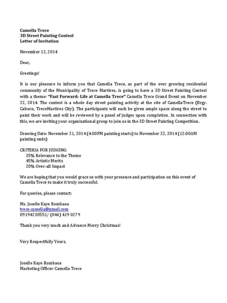 Camella Trece 3D Street Painting Contest Letter of Invitation | PDF ...