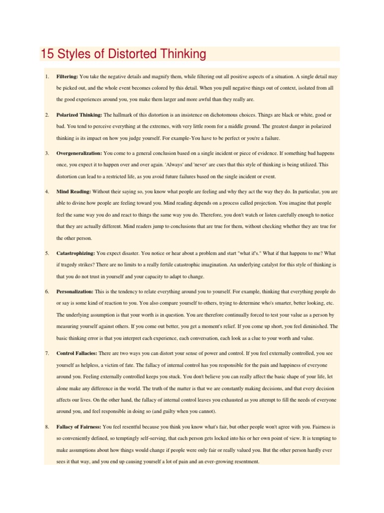 15 Styles of Distorted Thinking | Thought | Fallacy