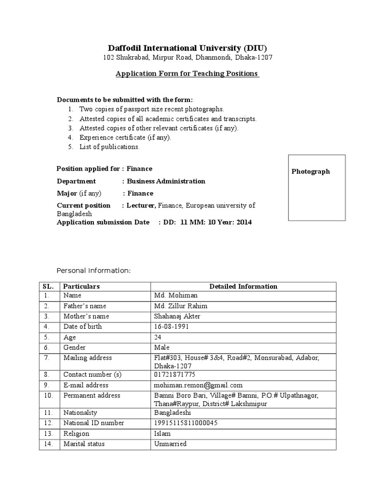 Daffodil International University (DIU) : Application Form For Teaching ...