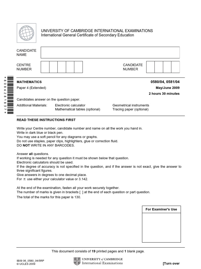 May june 2009 Igcse Math Question Paper 4 Summation Volume