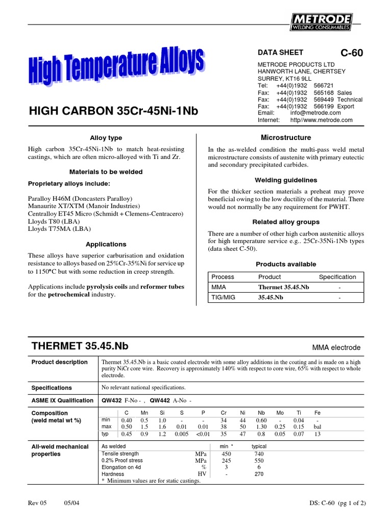C-60 Data Sheet for High Carbon 35Cr-45Ni-1Nb Alloy Welding Products ...
