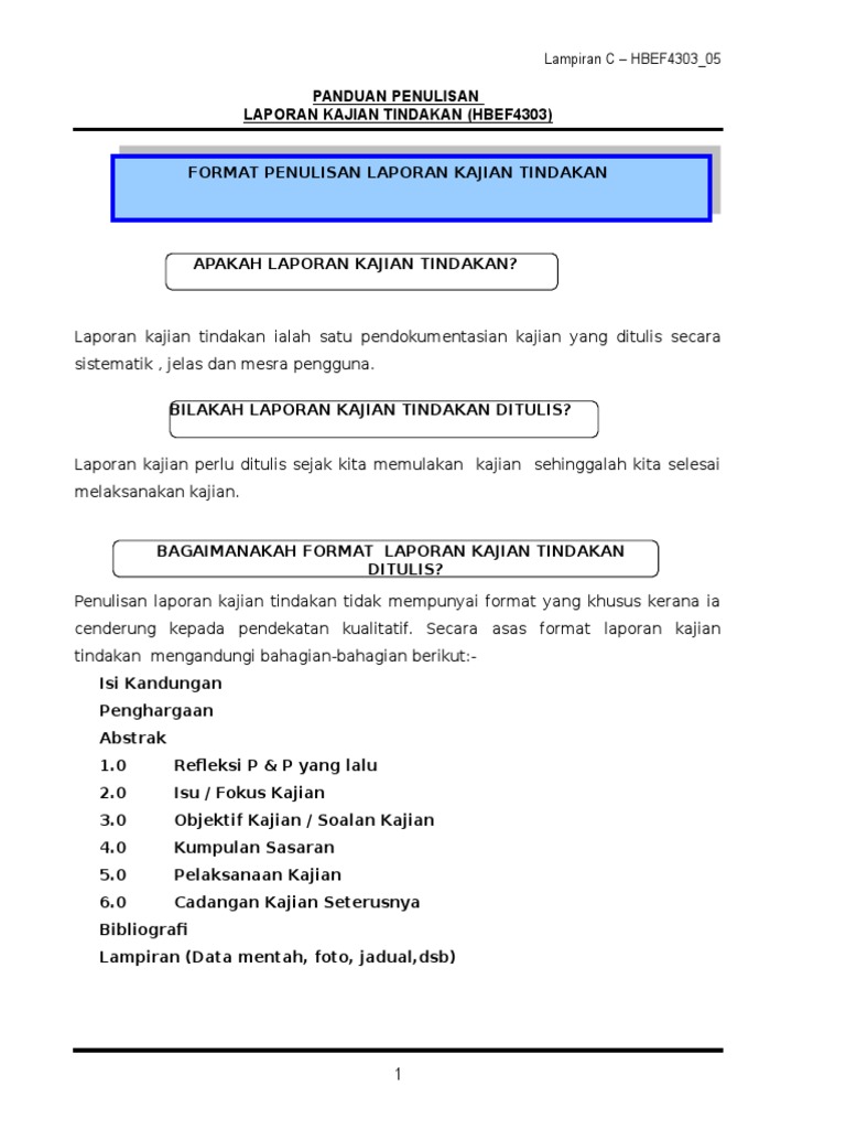 Lampiran C - HBEF4303 - 05 Panduan Penulisan Laporan Kajian Tindakan | PDF