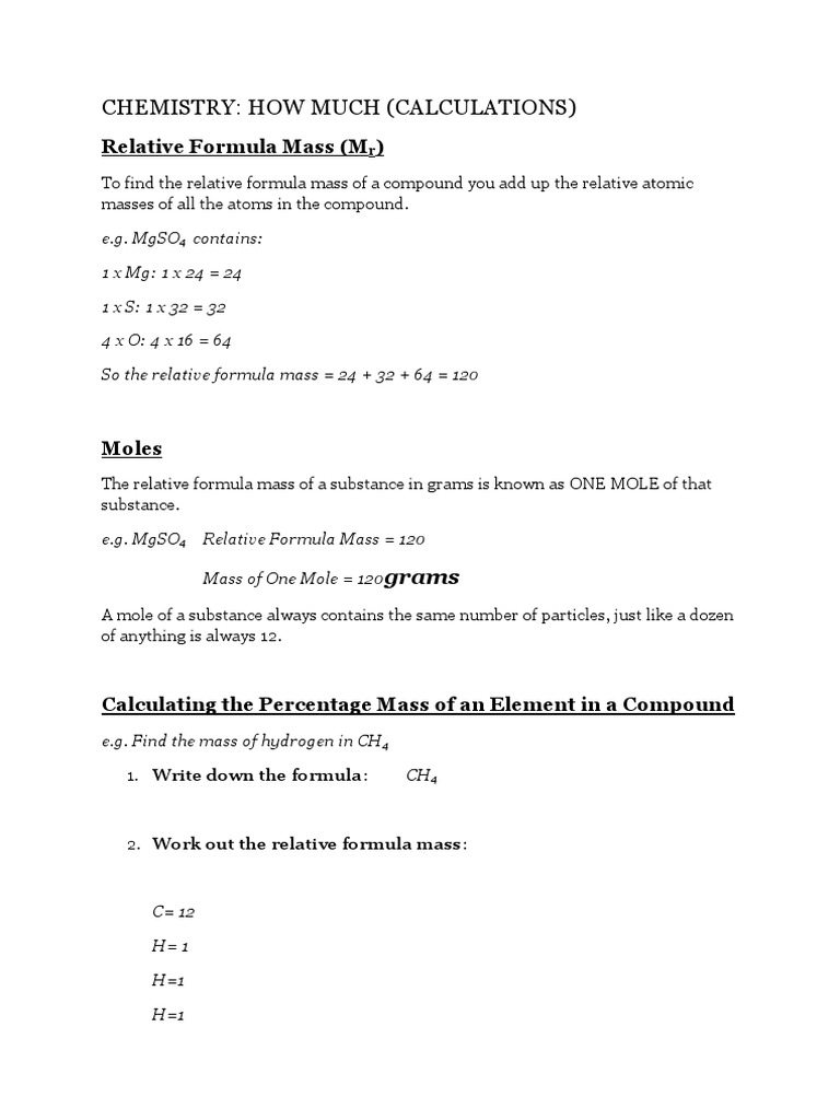 Chemistry Calculations Notes | PDF | Mole (Unit) | Chemical Compounds