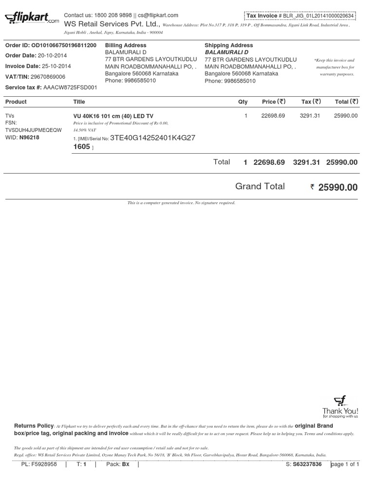 TV Invoice for VU 40K16 LED TV | PDF | Business