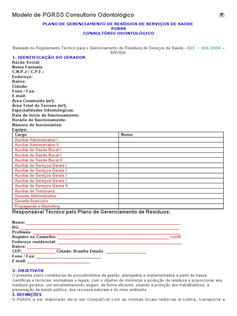 Modelo de PGRSS Consultorio Odontológico