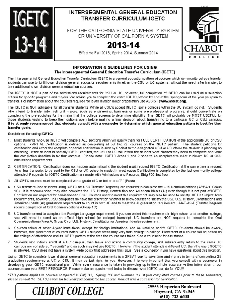 Chabot College: Intersegmental General Education Transfer Curriculum-Igetc | PDF | University Of ...