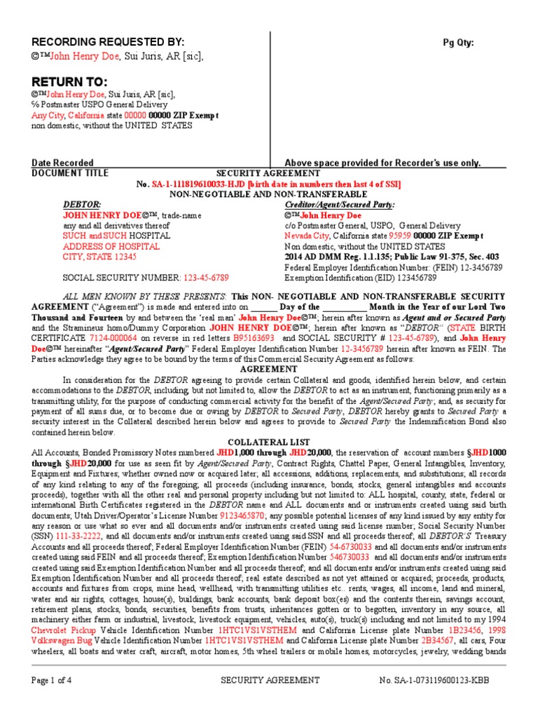 Security Agreement for John Henry Doe | PDF | Bankruptcy | Debtor
