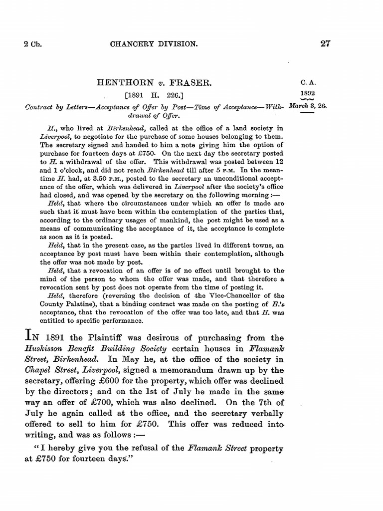 Henthorn v. Fraser Case Summary | PDF | Private Law | Government ...