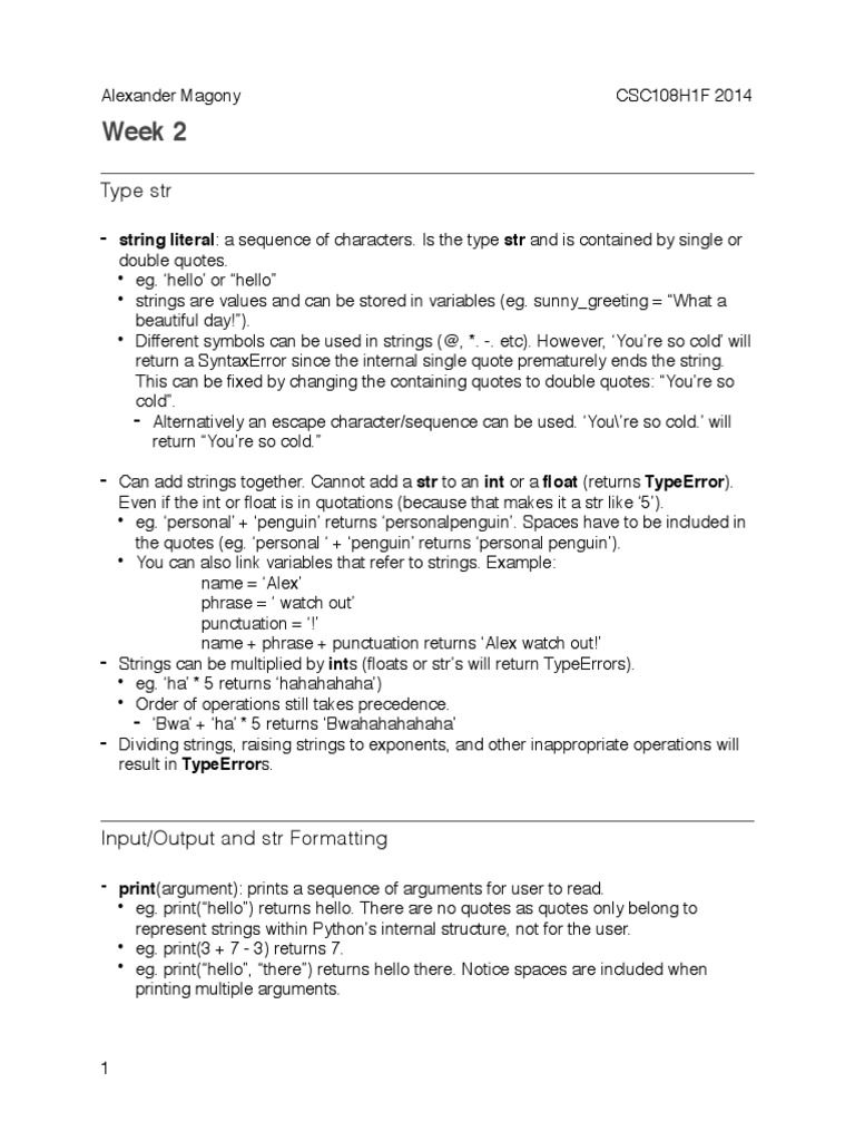 Csc108 Week 2 Notes Pdf Parameter Computer Programming Subroutine