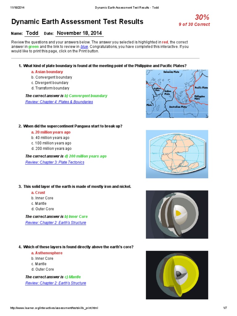 Dynamic Earth Assessment Test Results - Todd | PDF | Plate Tectonics ...