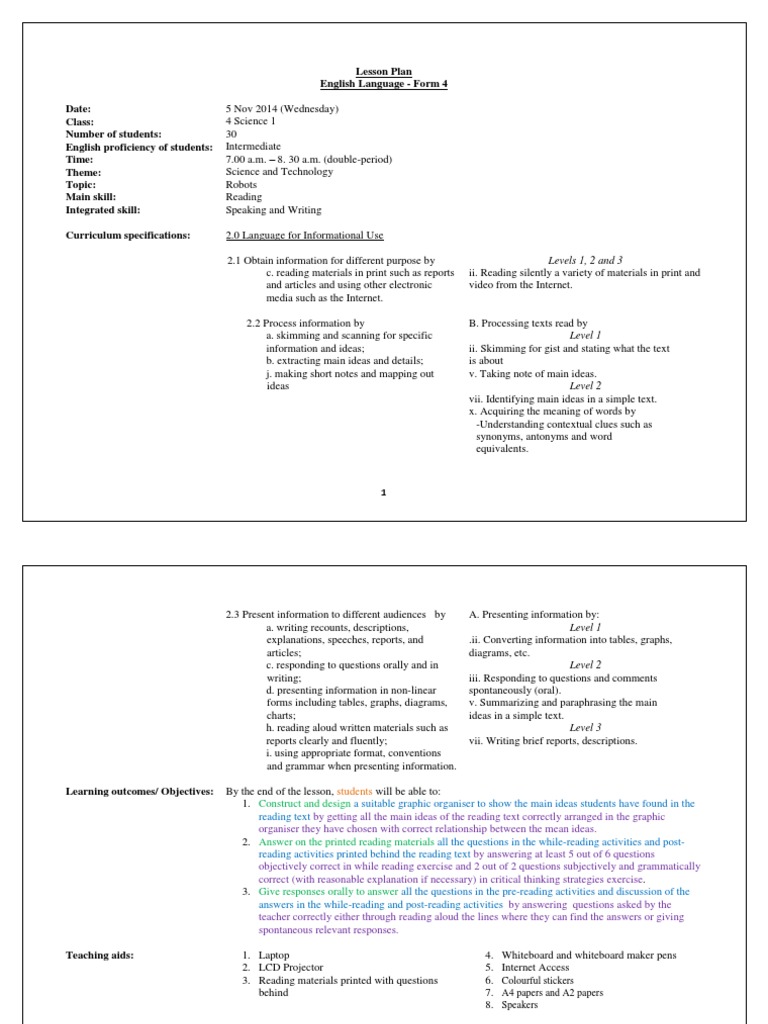 Lesson Plan 1 Double Period | Reading (Process) | Lesson Plan