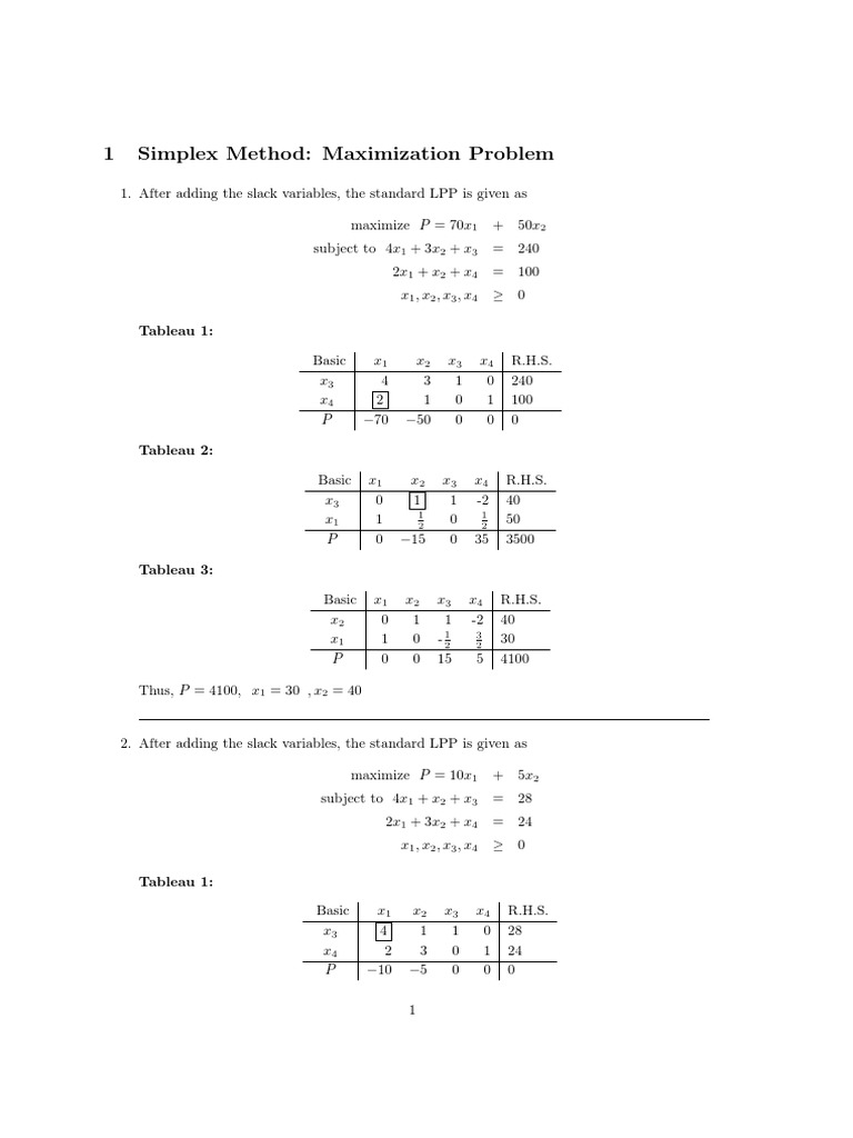1 Simplex Method: Maximization Problem | PDF