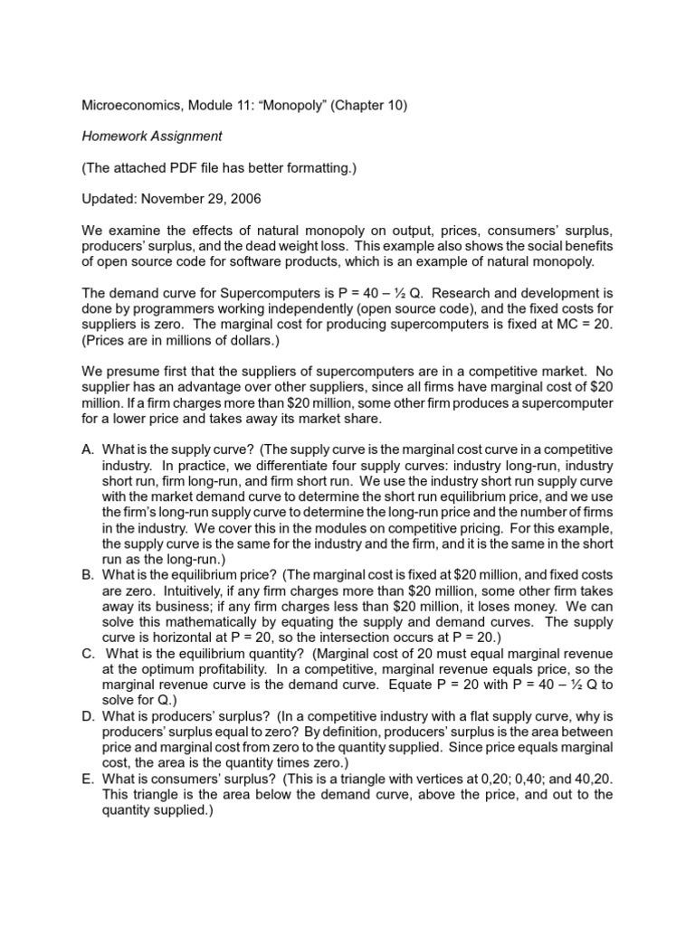 Microeconomics, Module 11: "Monopoly" (Chapter 10) Homework Assignment ...