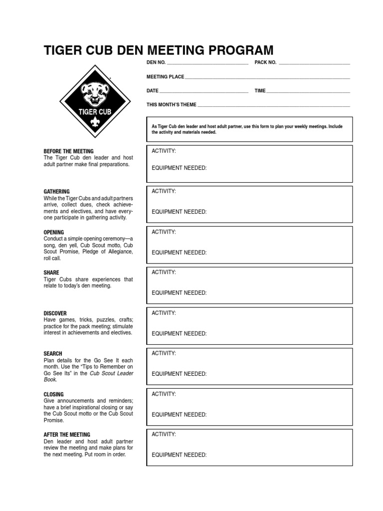 Tiger Cub Den Meeting Planner | PDF