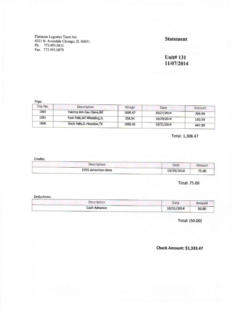 Platinum Logistics Trip Statement Summary | PDF
