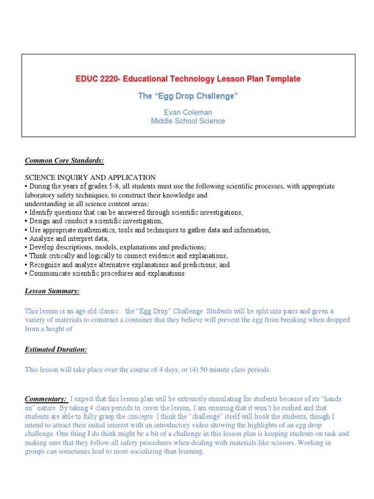 EDUC 2220-Educational Technology Lesson Plan Template: The "Egg Drop Challenge" | PDF | Lesson ...