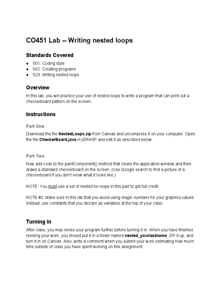 Co451 Lab Writing Nested Loops Standards Covered Pdf Computers