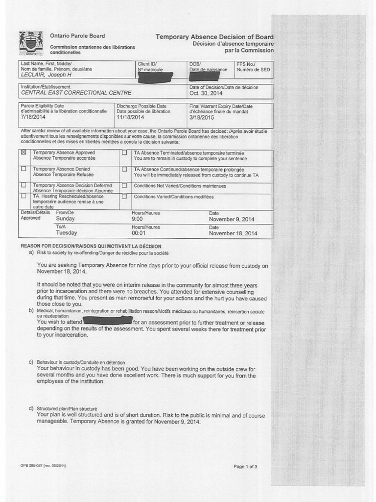 Ontario Parole Board Document - LeClair | PDF | Parole | Penology