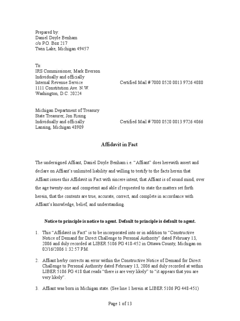 Affidavit of Fact IRS | Affidavit | Internal Revenue Service