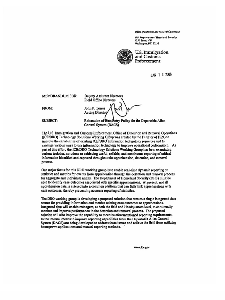 ICE Guidance Memo - Reiteration of Data Entry Policy For The Deportable ...