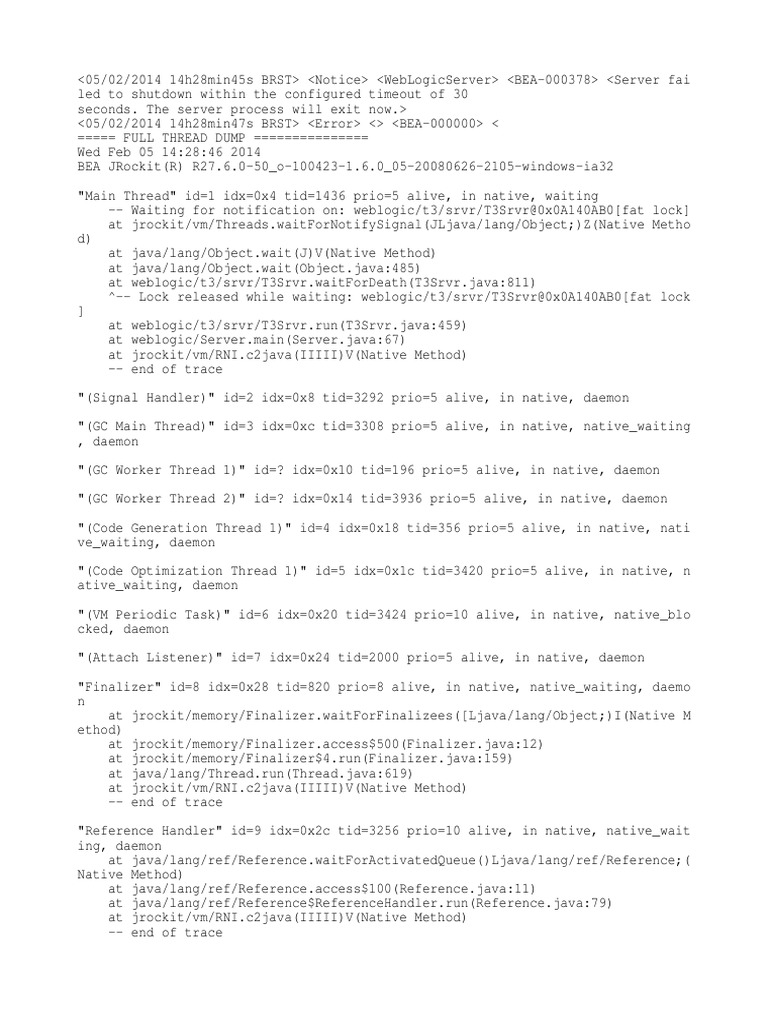 WebLogic Server Shutdown Error | PDF | Java (Programming Language) | Thread (Computing)