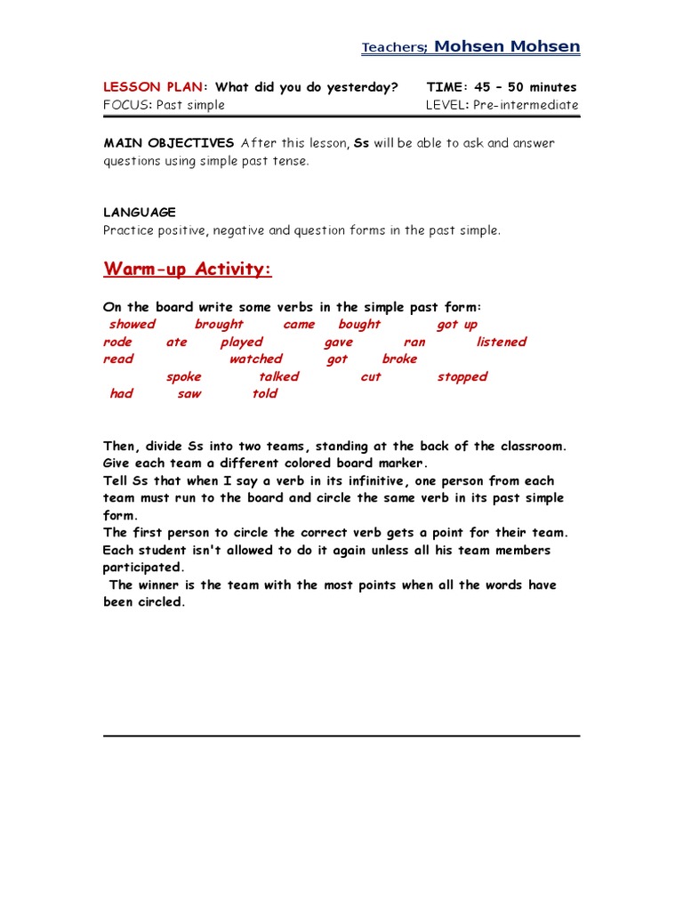 Lesson Plan. Simple Past | PDF | Lesson Plan | Question