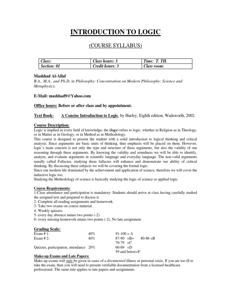 Introduction To Logic: (Course Syllabus) | PDF | Logic | Argument