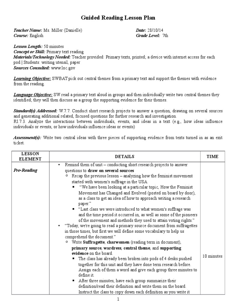 7th Grade Guided Reading Lesson Plan | PDF | Lesson Plan | Suffragette