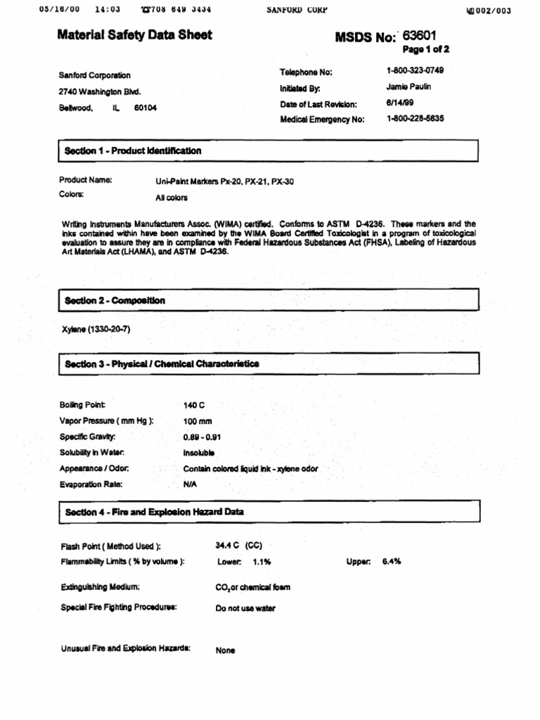 MSDS Uni Paint Marker PX-20 1 | PDF