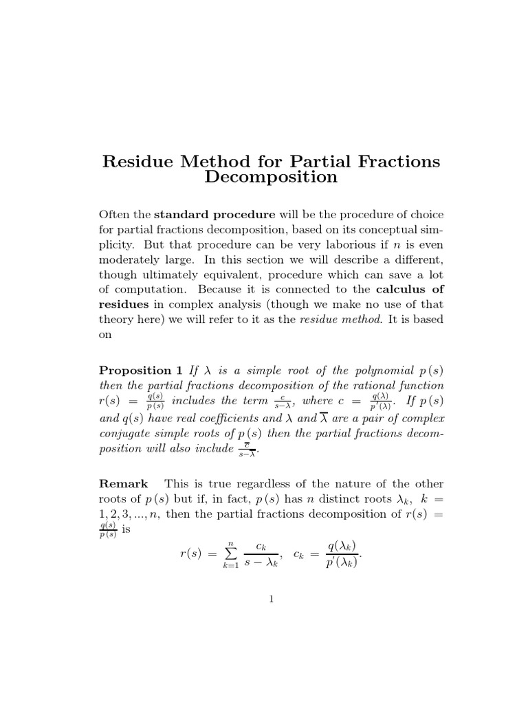 Residue Method Partial Fractions | PDF | Polynomial | Mathematical Analysis