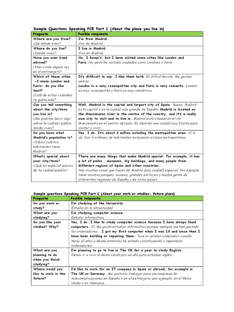 Sample Questions Speaking FCE Part 1