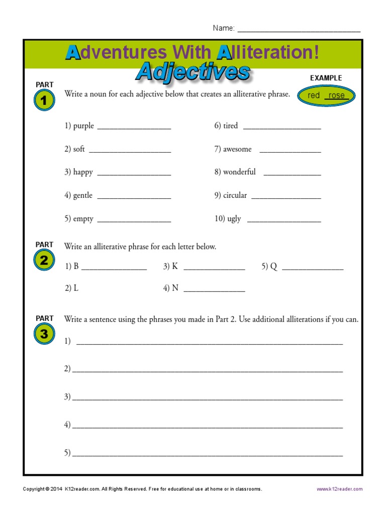 Adventures With Alliteration Adjectives | PDF | Teaching Methods ...