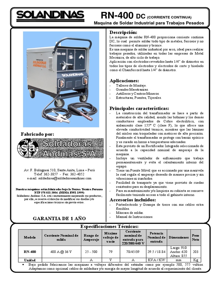 Especificaciones de La Maquina de Soldar | Soldadura | Transformador