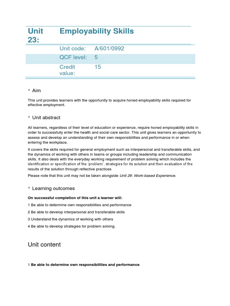 Unit 23 Employability Skills | PDF | Strategic Management | Performance ...