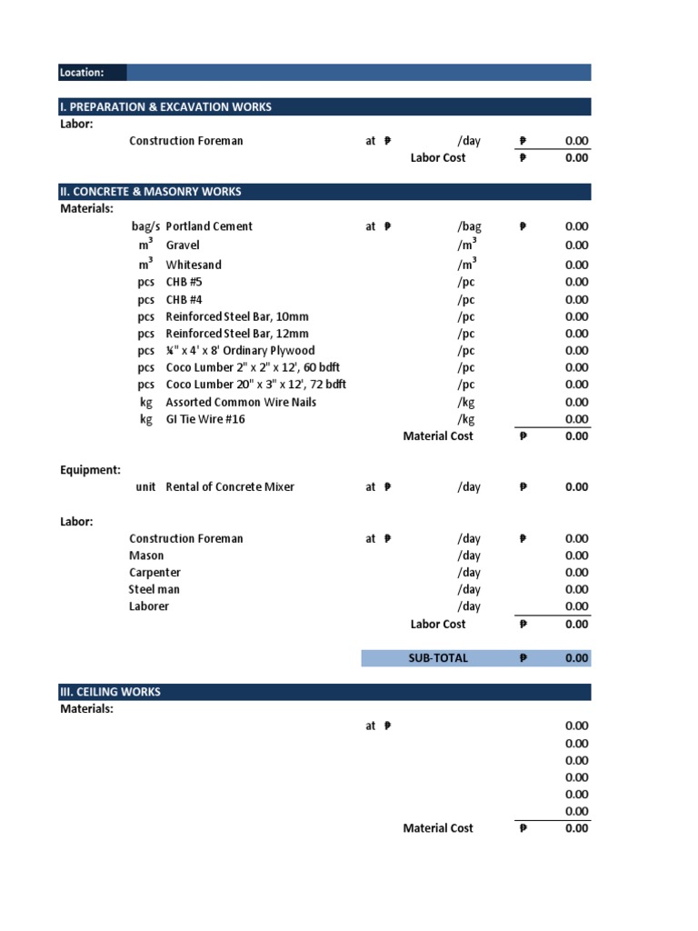 Construction Material Estimate Sheet