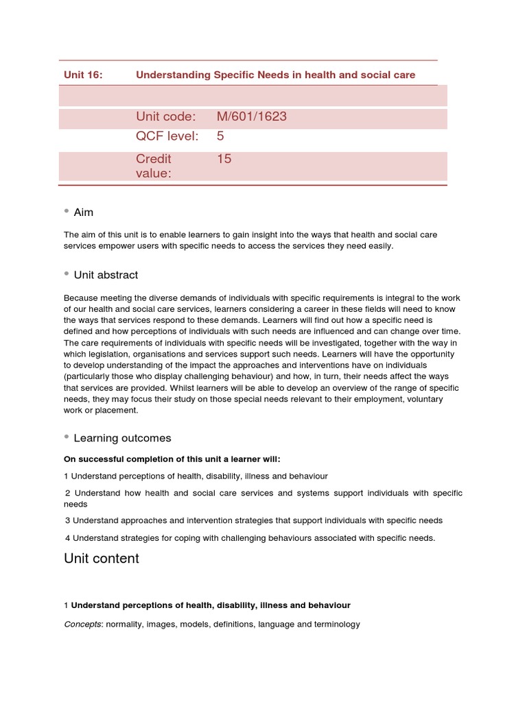 Understanding Specific Needs in Care | PDF | Disability | Social Work