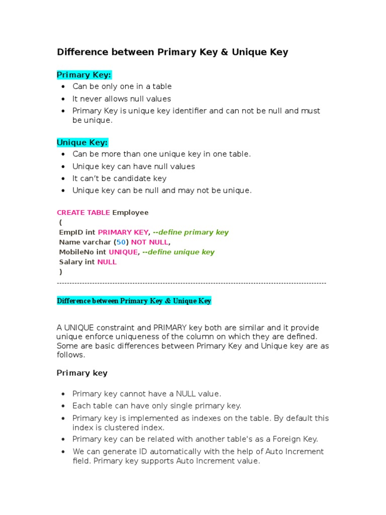 Difference Between Primary Key and Unique Key | PDF
