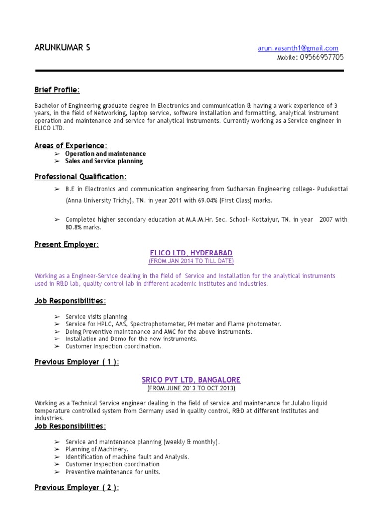 Arun Kumar B.E (Ece) CV | PDF | Electrical Engineering | Science And Technology