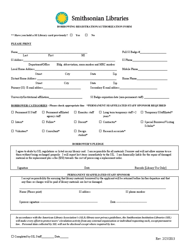 Borrower Authorization Form for SI Libraries | PDF