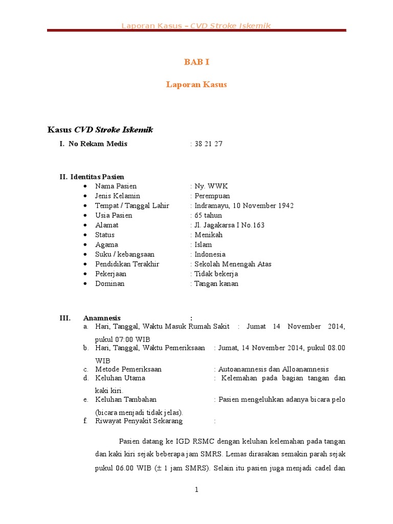 Laporan Kasus CVD Iskemik (Stroke Iskemik) | PDF