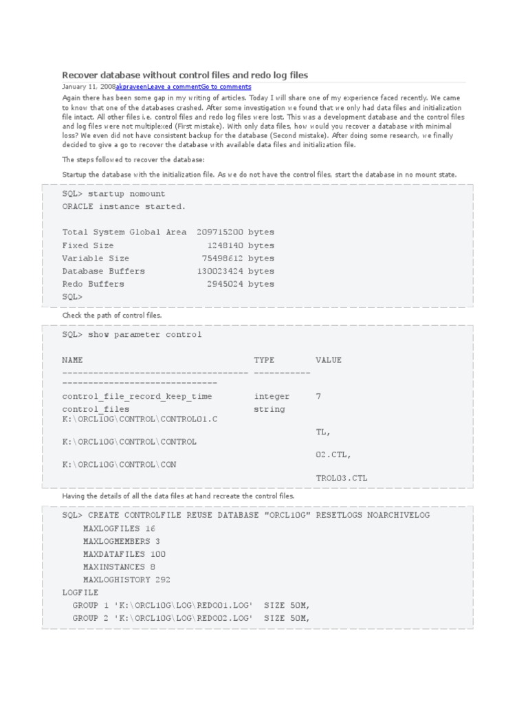 Oracle Recover Database Without Control Files and Redo Log | PDF | Oracle Database | Computer File