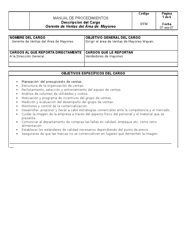 PERFIL DE PUESTO GERENTE VENTAS MAYOREO | Marketing | Economias ...