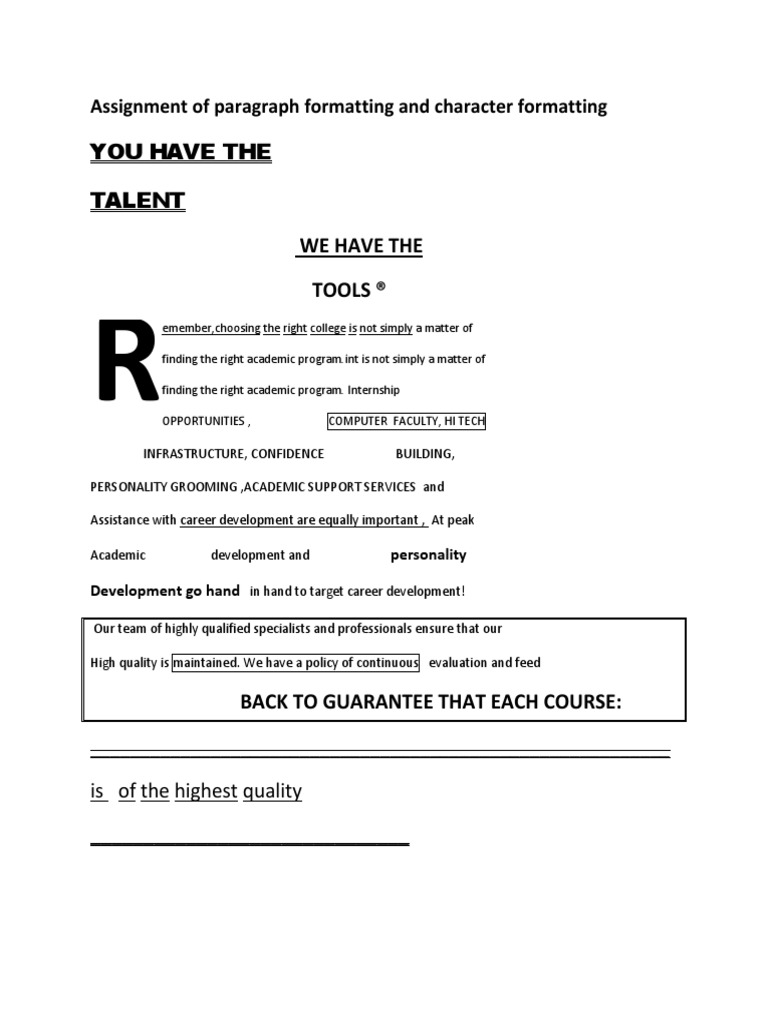 Assignment of Paragraph Formatting and Character Formatting | PDF | Page Layout | Computing