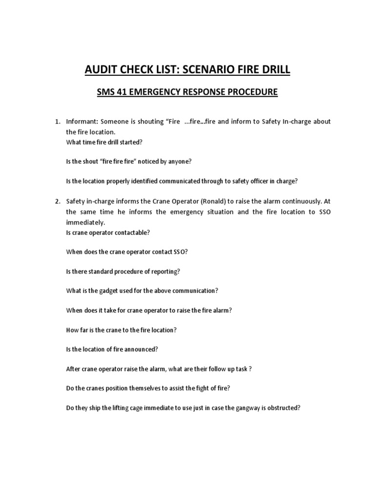 Fire Drill Audit Checklist | Search And Rescue | Firefighter