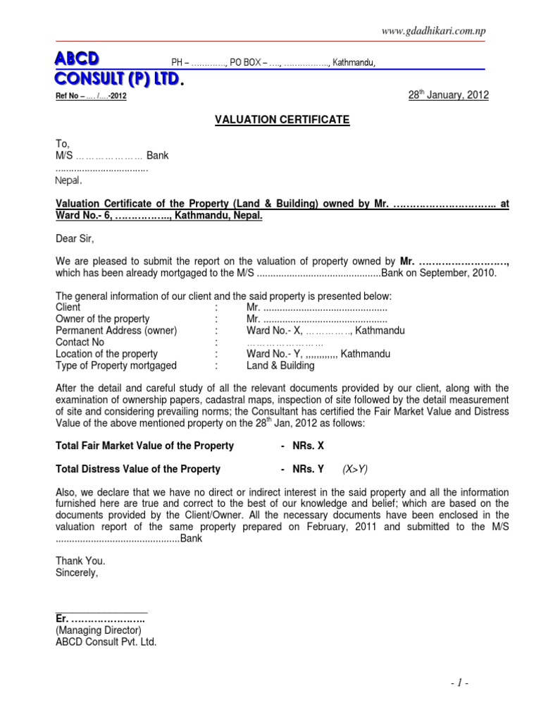 Property Valuation Certificate Sample | PDF | Valuation (Finance ...