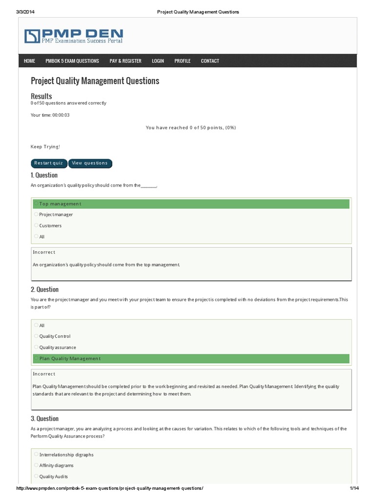 Project Quality Management Questions | PDF | Quality Assurance ...