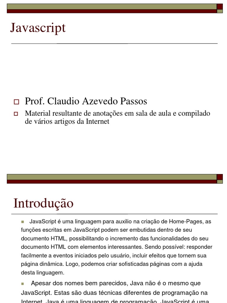 Apresentação Javascript | PDF | Script Java | Html