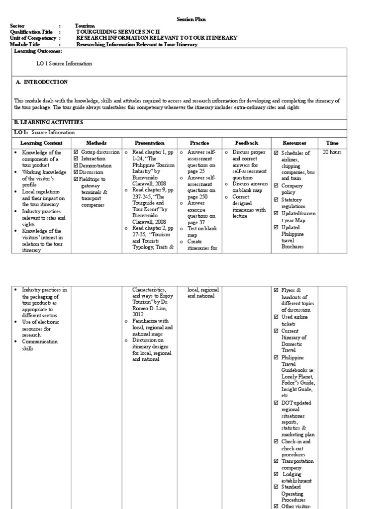 Session Plan TG NCII | PDF | Guide Book | Tourism