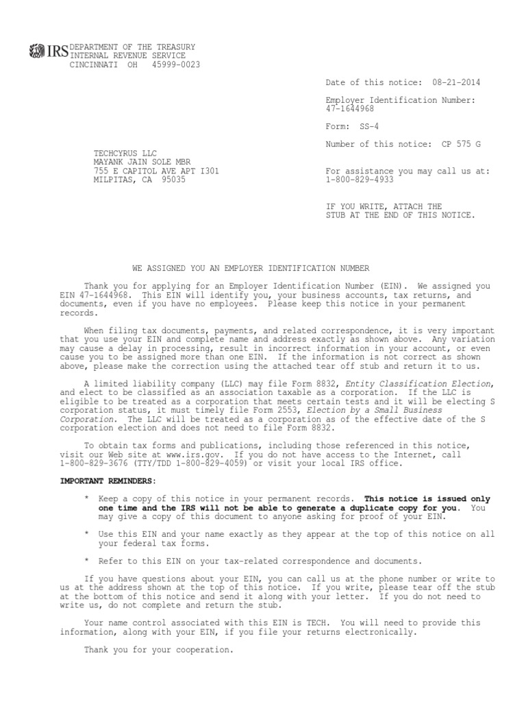 EIN Assignment Notice for TechCyrus LLC | PDF | Limited Liability ...